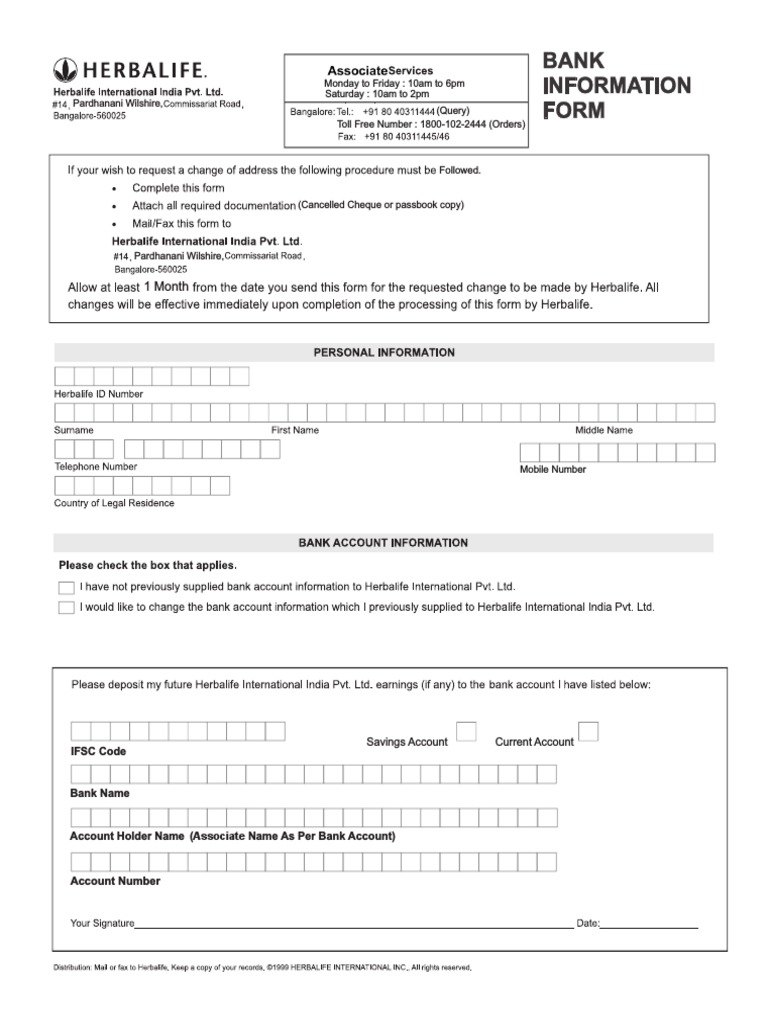 Herbalife EFT Form and Bank Details | PDF