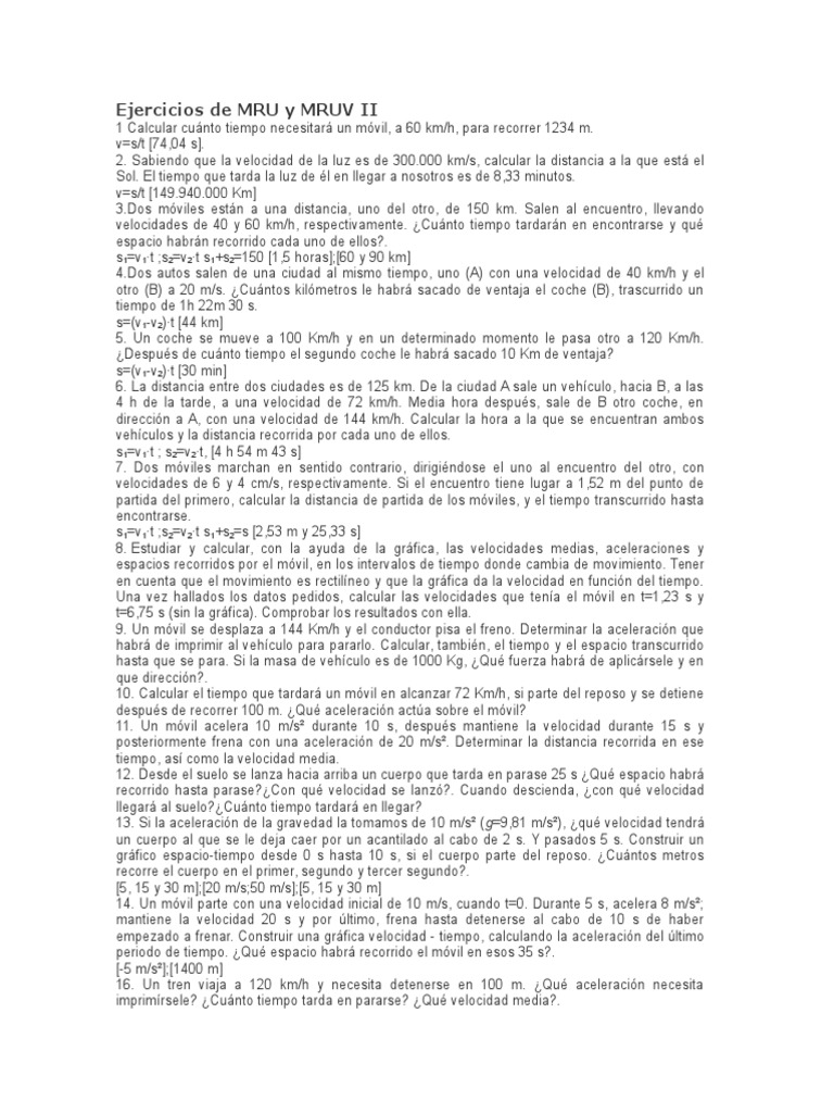 Ejercicios de MRU y MRUV II | PDF | Velocidad | Aceleración