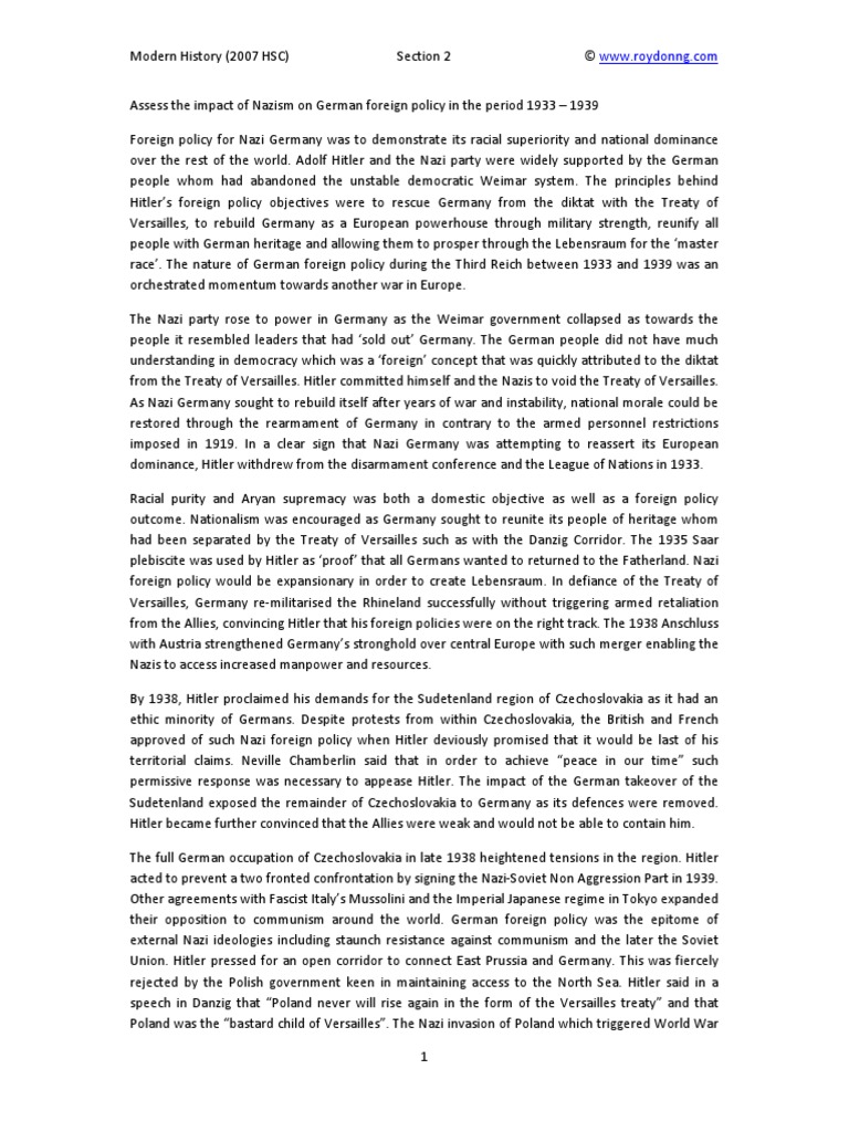 Assess The Impact of Nazism On German Foreign Policy in The Period 1933 ...