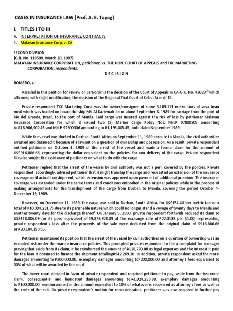 Cases in Insurance Law (Part I) | PDF | Insurance | Liability Insurance