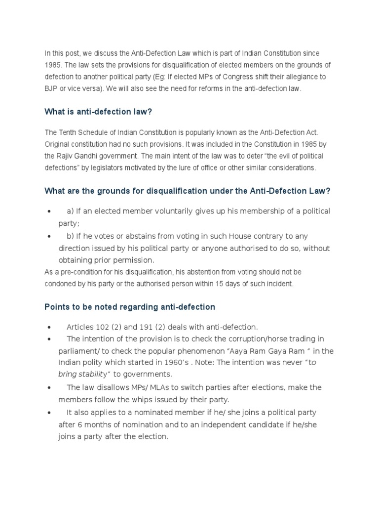 Anti Defection Law in India | PDF | Member Of Parliament ...