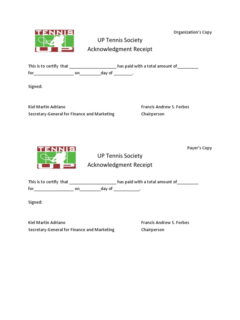 UP Tennis Society Acknowledgment Receipt | PDF