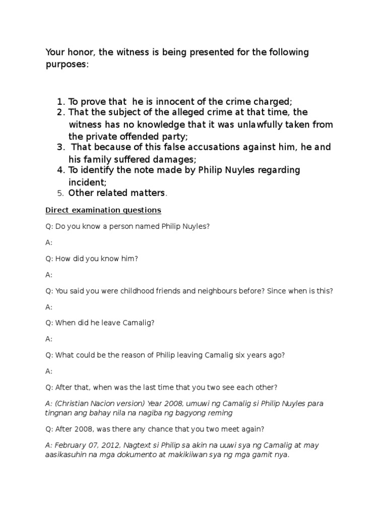 Direct Examination Questions Sample | PDF | Witness | Common Law