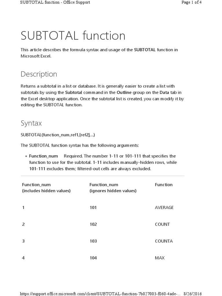 SUBTOTAL Function | Download Free PDF | Microsoft Excel | Data Management
