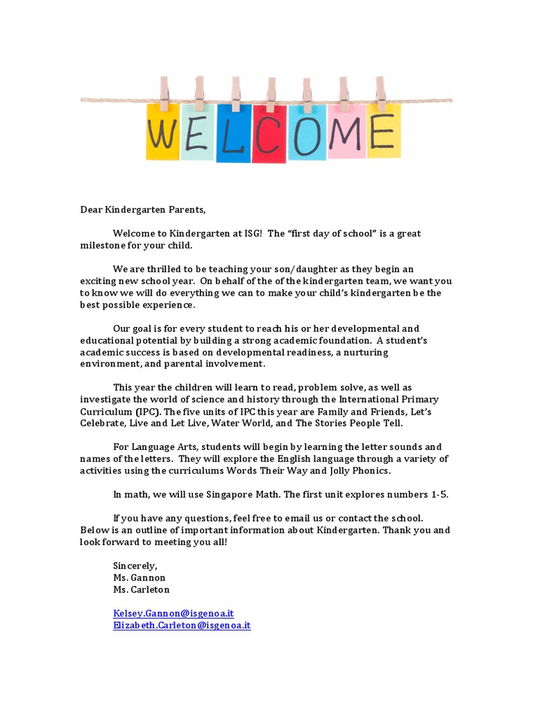Kindergarten Welcome Letter ISG | PDF