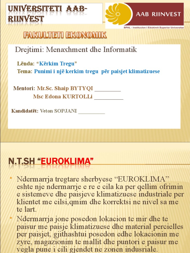 N.T.SH. EUROKLIMA - Punim Shkencor - Kerkim Tregu | PDF