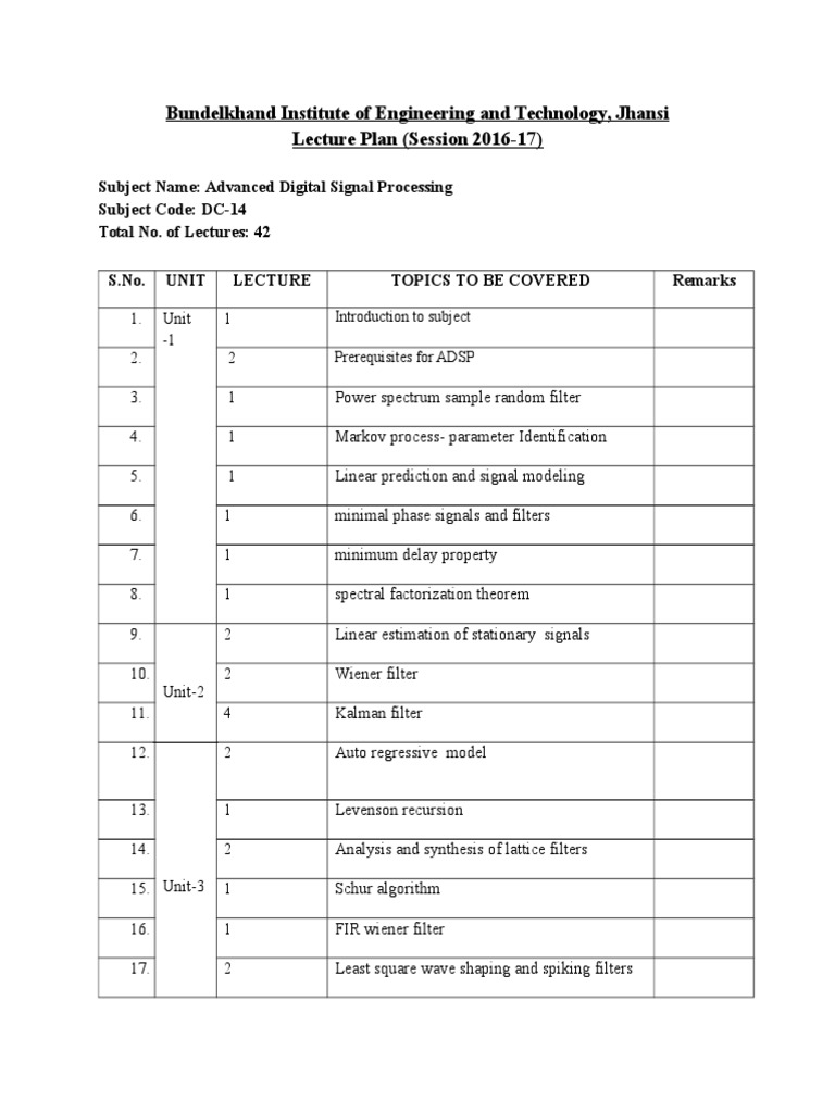 Adsp Lecture Plan | PDF | Filter (Signal Processing) | Spectral Density