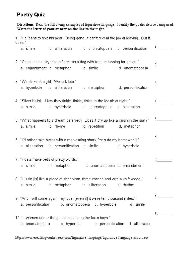 Figurative Language Poetry Quiz | PDF | General Fiction