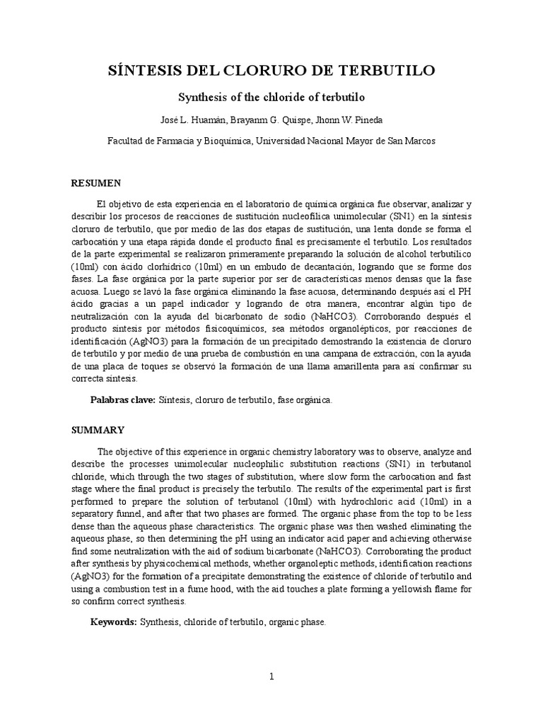 Sintesis de Cloruro de Ter-Butilo | PDF | Alcohol | Cloruro