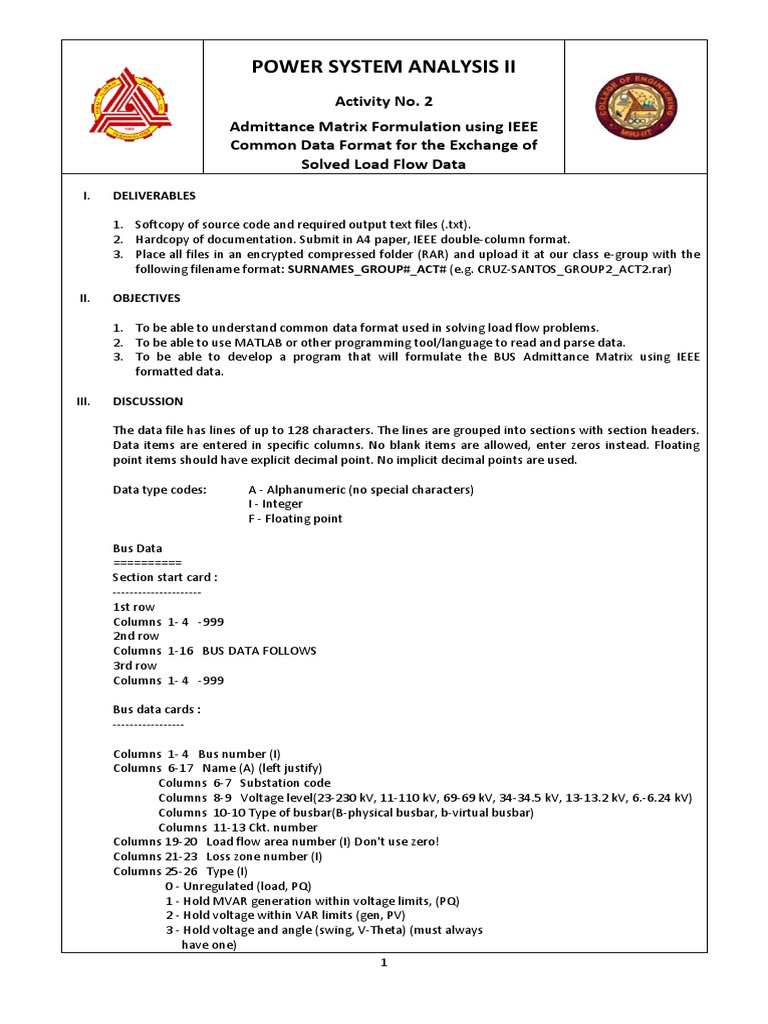 Activity 2 Admittance Matrix Formulation Using IEEE Common Data Format For The Exchange of ...