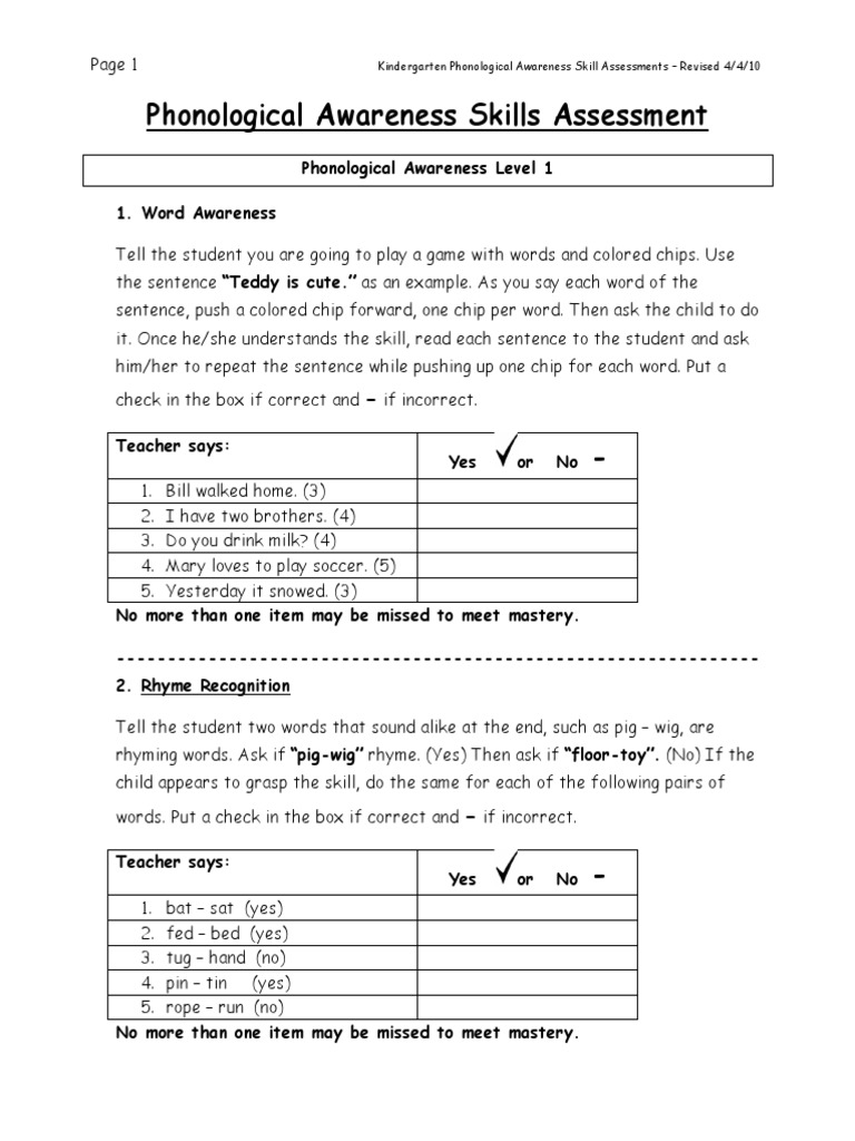 Phonological Awareness Skills Assessment | PDF | Syllable | Human ...