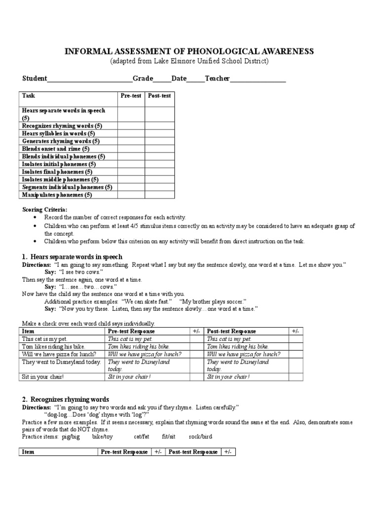 Informal Assessment of Phonological Awareness | PDF | Syllable | Speech