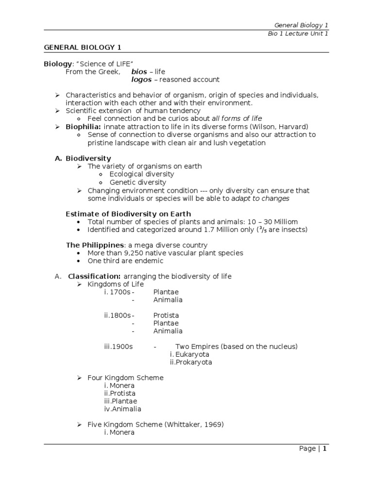 Bio1 - Unit 1 Lecture | PDF | Biology | Life