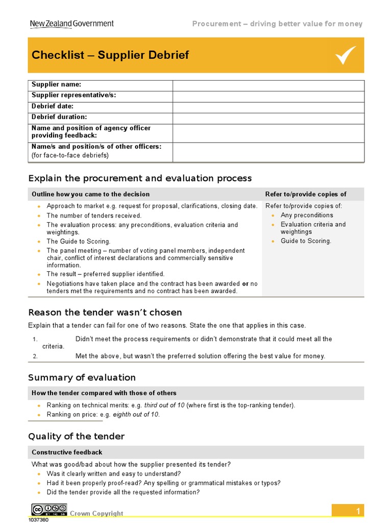 Checklist Supplier Debrief | Procurement | Request For Proposal