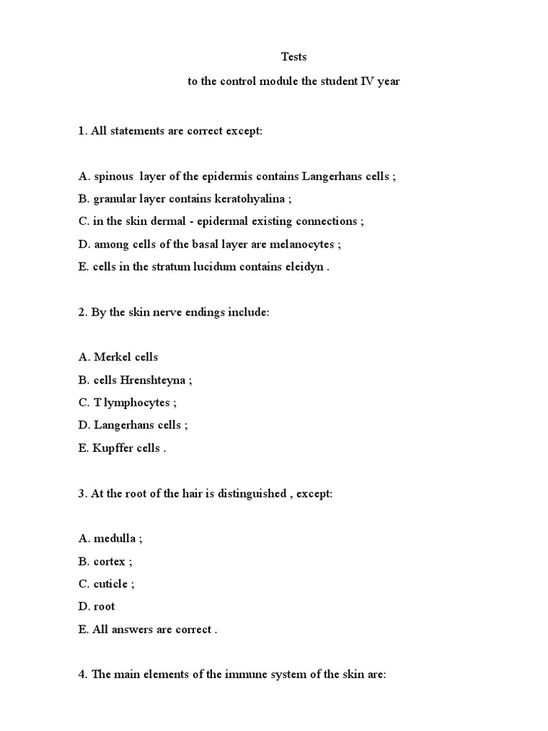 Tests Dermatology 4 Practice | PDF | Cutaneous Conditions | Epidermis