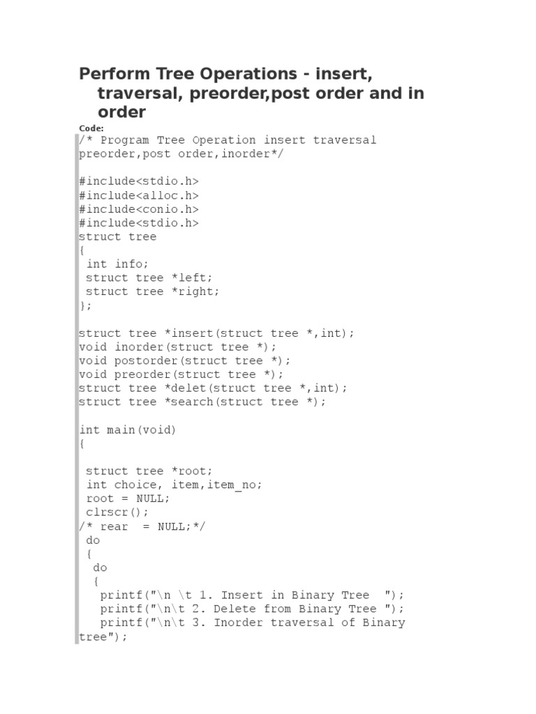Perform Tree Operations - Insert, Traversal, Preorder, Post Order and in Order | PDF | Applied ...