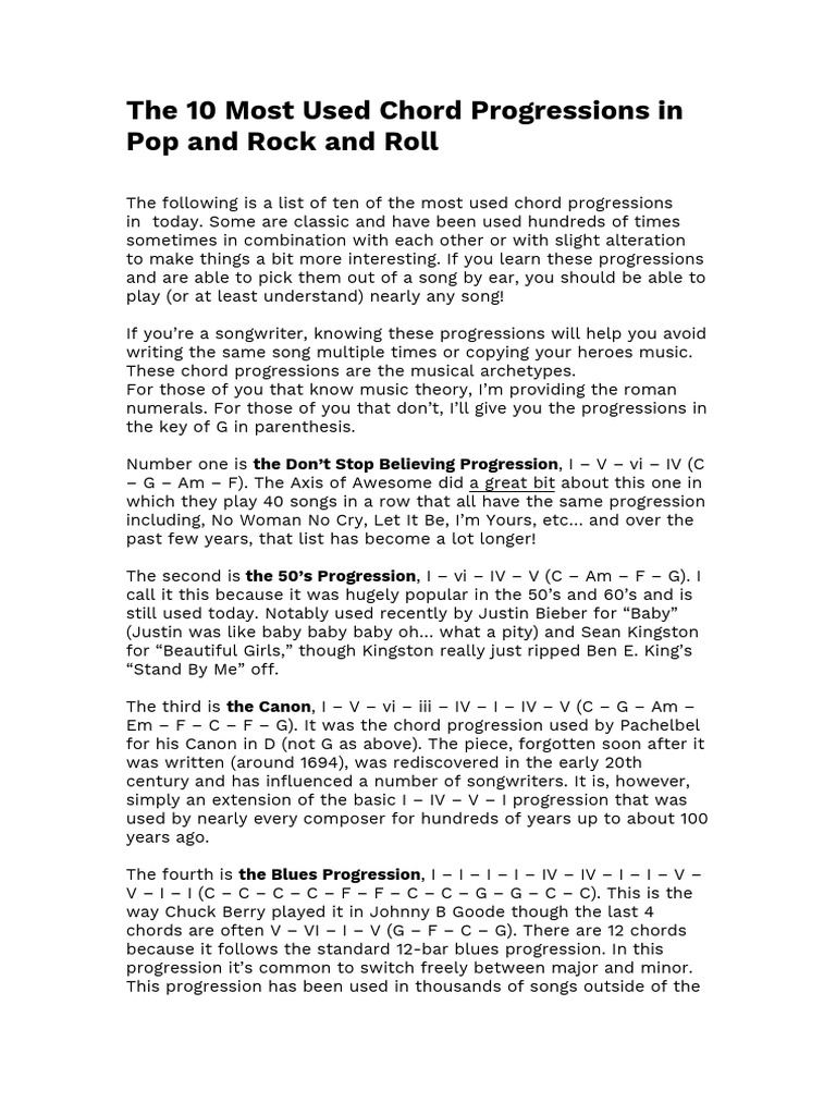 The 10 Most Used Chord Progressions in Pop and Rock and Roll | PDF ...