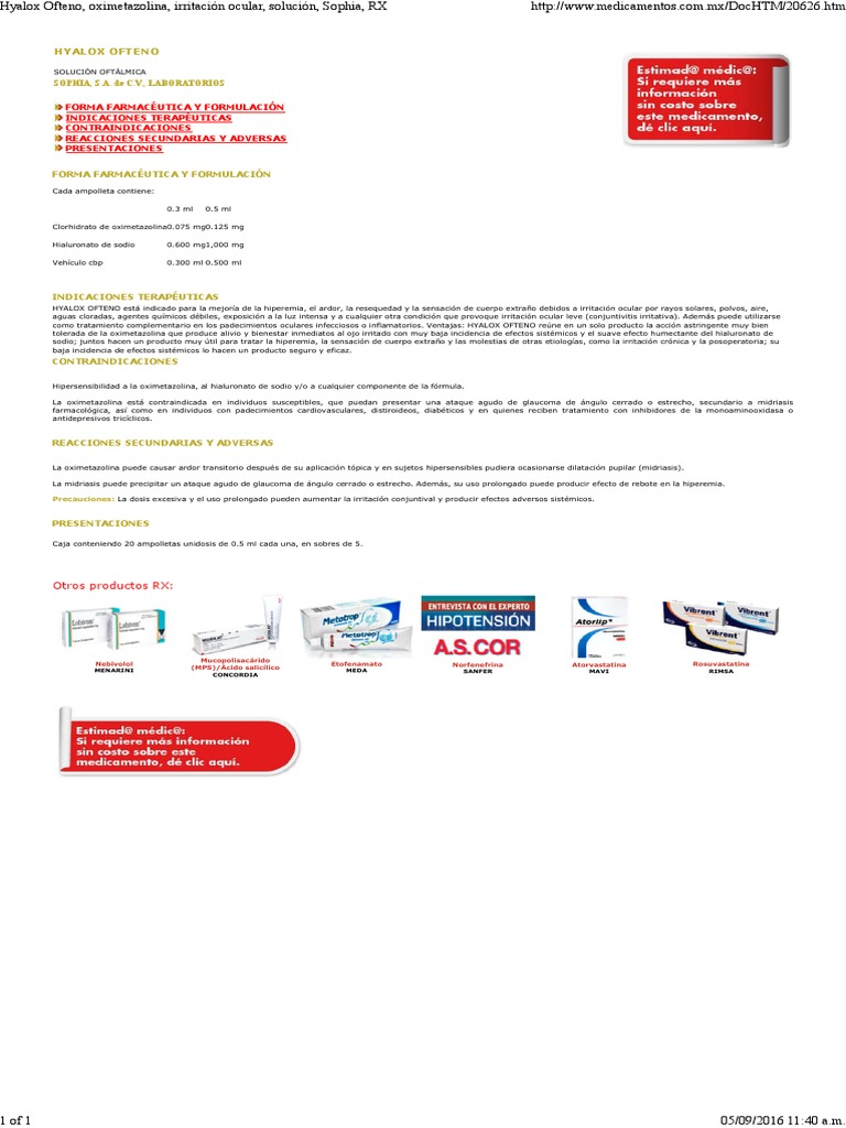 Hyalox Ofteno, Oximetazolina, Irritación Ocular, Solución, Sophia, RX ...