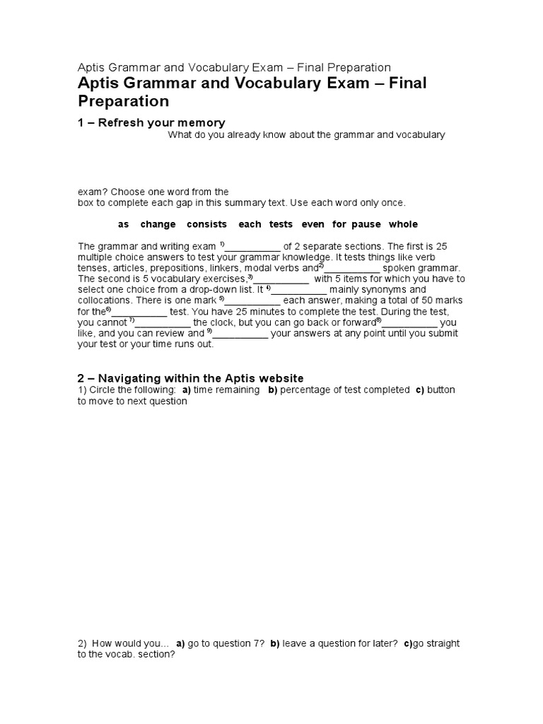 Aptis Grammar and Vocabulary Exam | PDF | Cognitive Science | Syntactic Relationships
