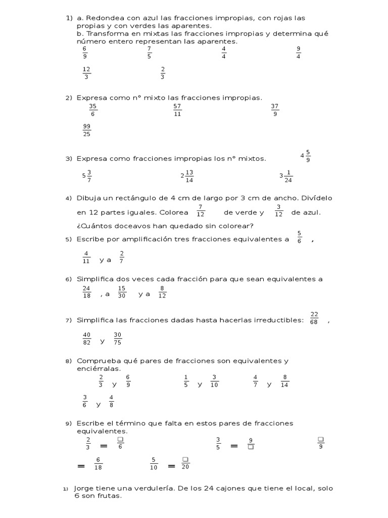 Ejercicios Con Fracciones | PDF | Fracción (Matemáticas) | Enseñanza de ...