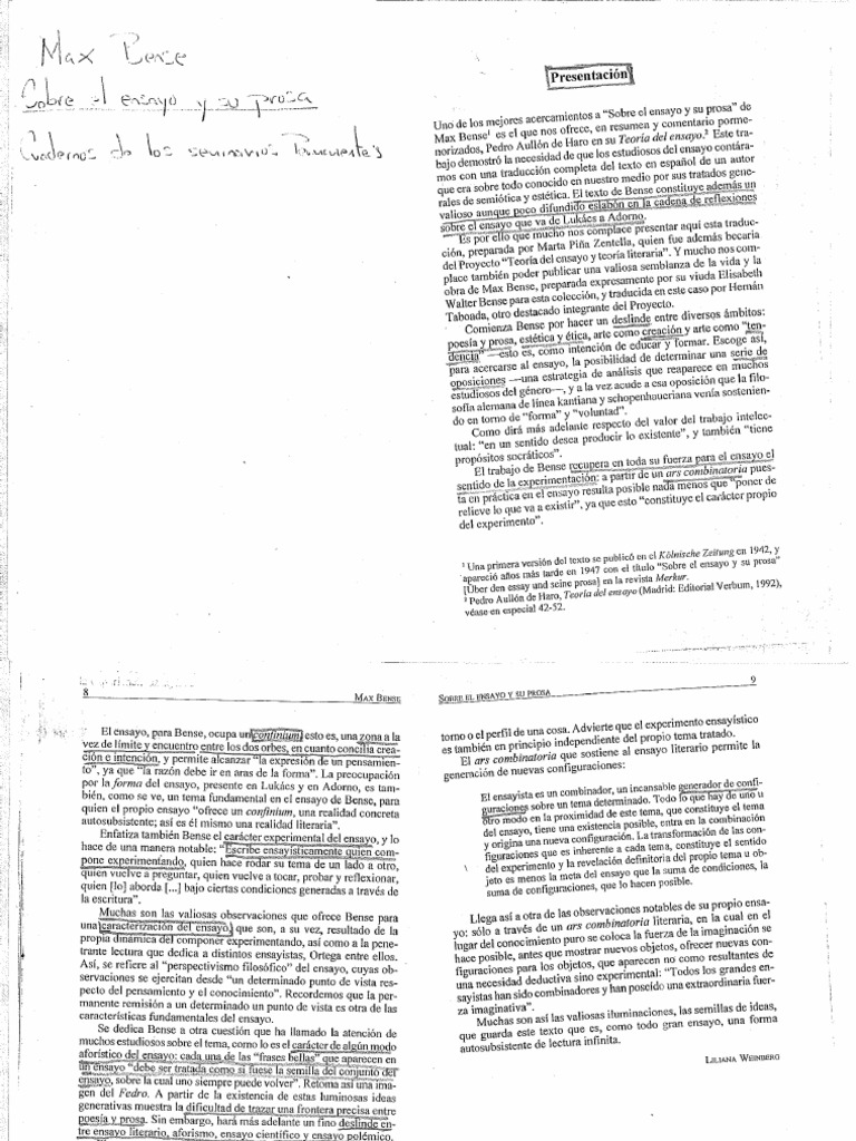 Bense Max Sobre El Ensayo y Su Prosa PDF | PDF