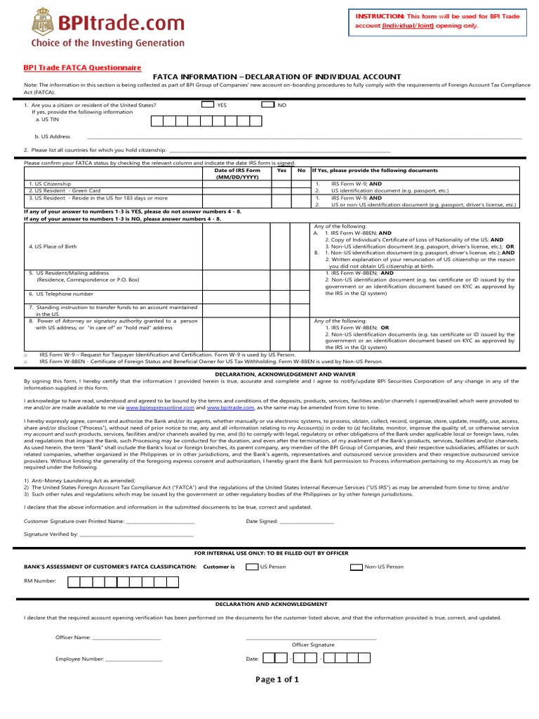 BPI Trade Fatcha Questionnaire | PDF