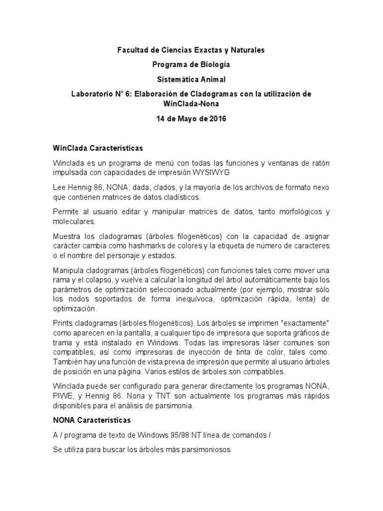 Laboratorio N6 WinClada | PDF | Filogenética | Impresora (Computación)