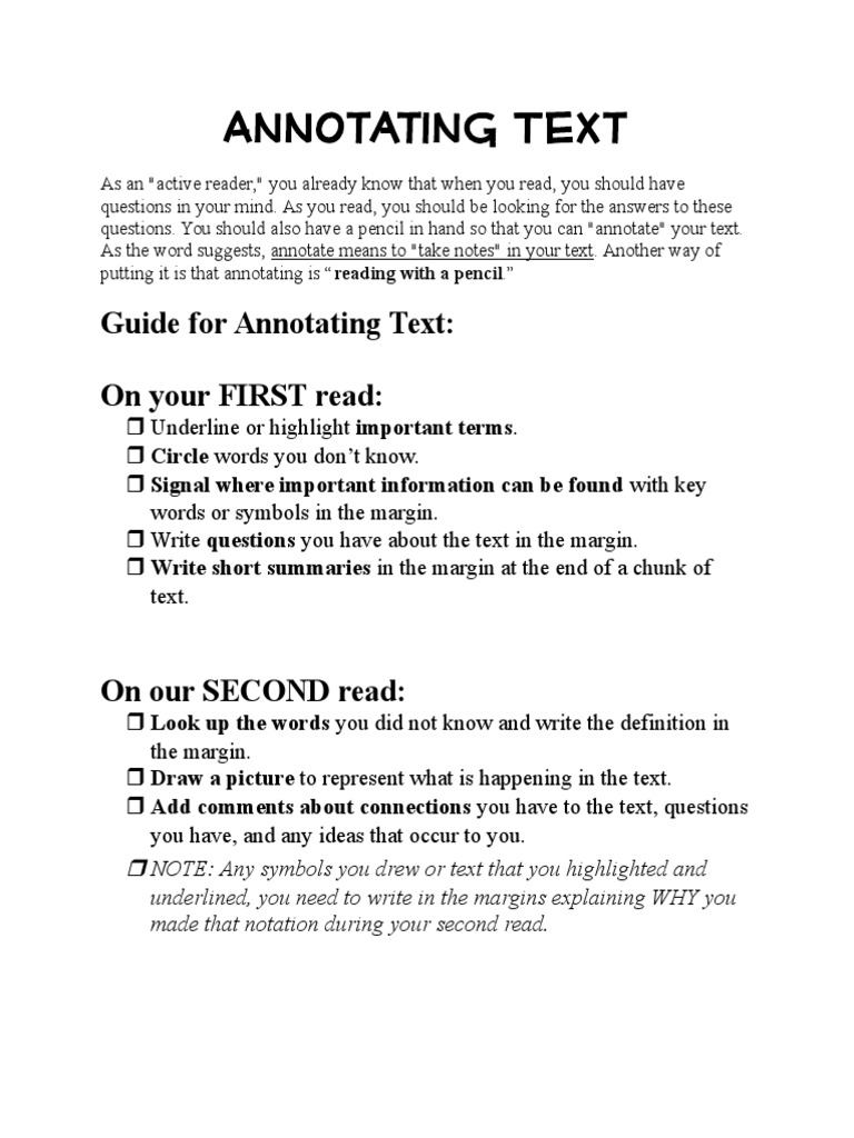Annotating Text Sheet 1 | PDF