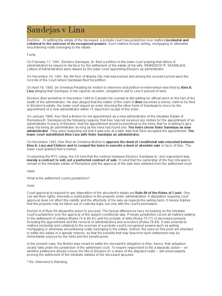 Heirs of Sandejas v. Lina | PDF | Probate | Will And Testament