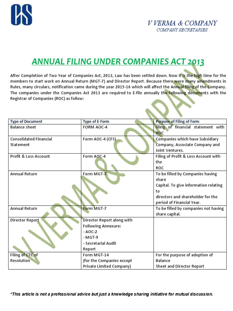 Annual Filing Under Companies Act 2013: V Verma & Company | PDF | Audit ...