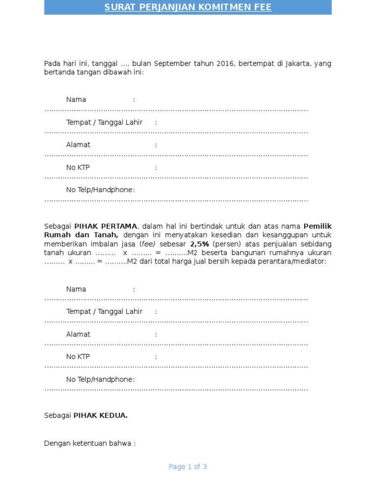 Surat Perjanjian Komitmen Fee - v0.1 | PDF