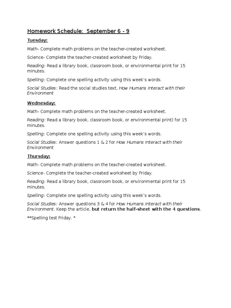 Homework Schedule Sept 6 - 9 | PDF