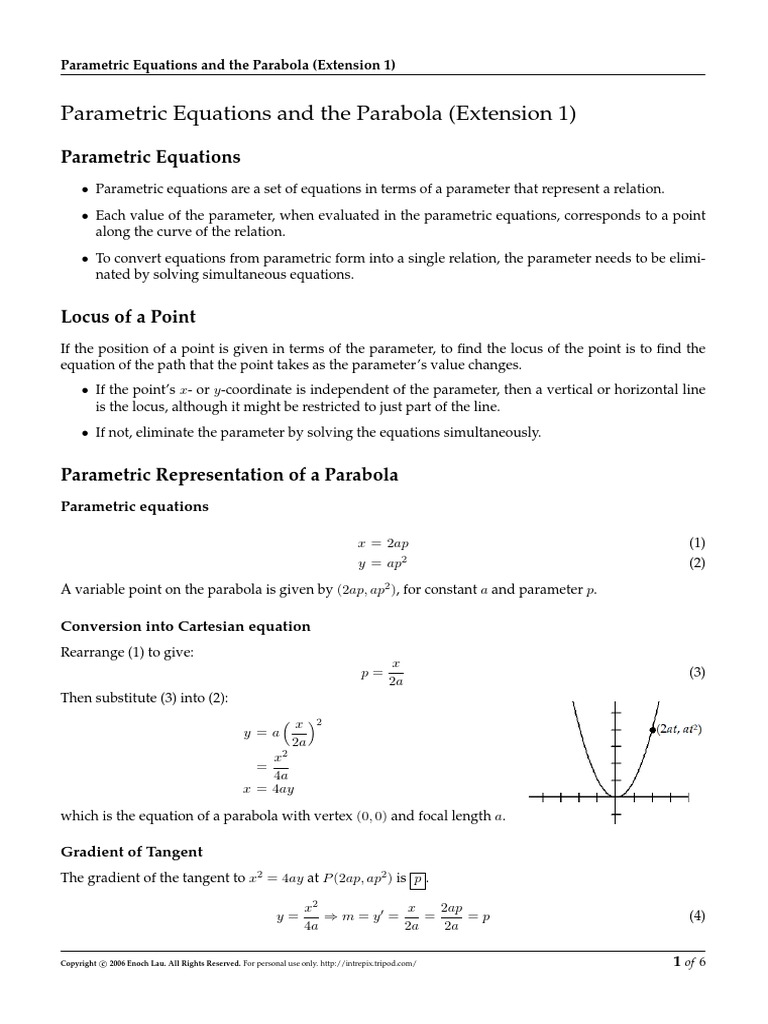 Parametric Equations and The Parabola (Extension 1) | PDF ...