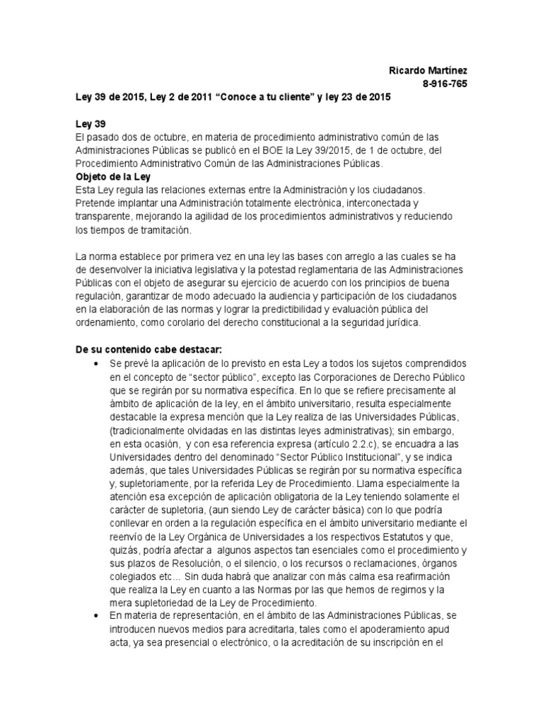 Ley 39 de 2015, Ley 2 de 2011 "Conoce A Tu Cliente" y Ley 23 de 2015 de ...