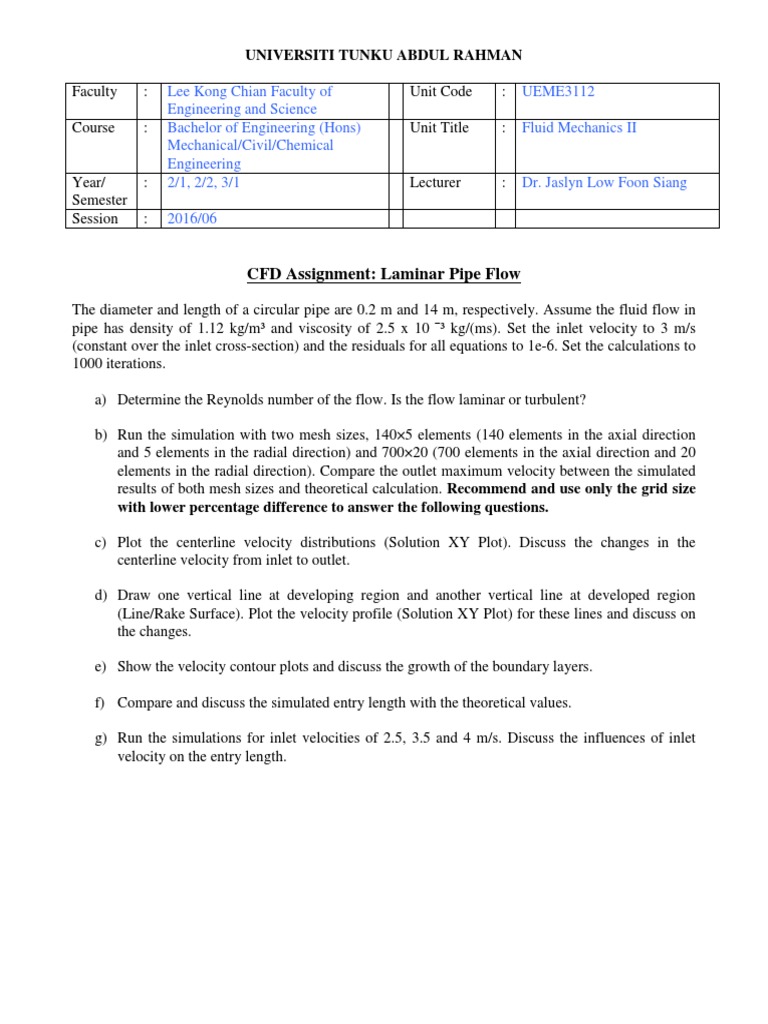 CFD Assignment May 2016 | PDF | Laminar Flow | Fluid Dynamics