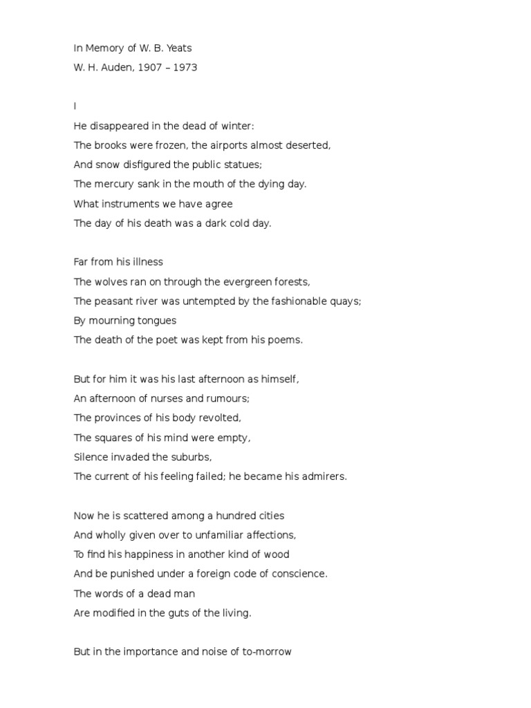 In Memory Of Wb Yeats Pdf Poetry
