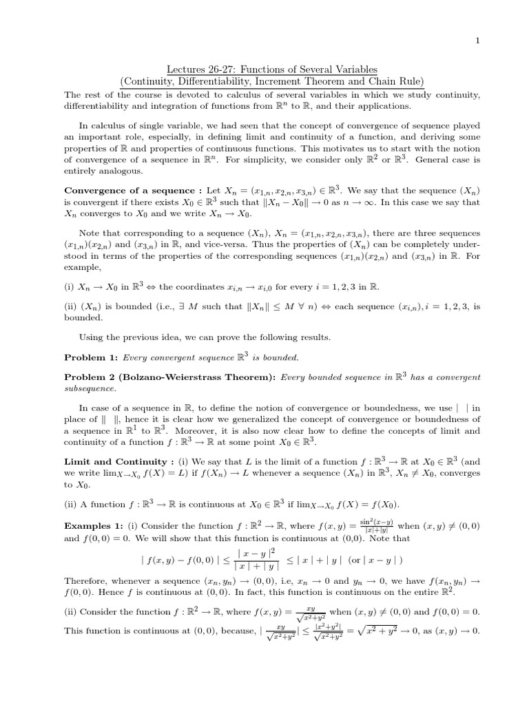 Lectures 26-27: Functions of Several Variables (Continuity, Differentiability, Increment Theorem ...
