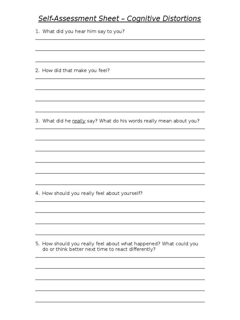 Self Assessment Sheet Cognitive Distortion | Emotions | Self-Improvement