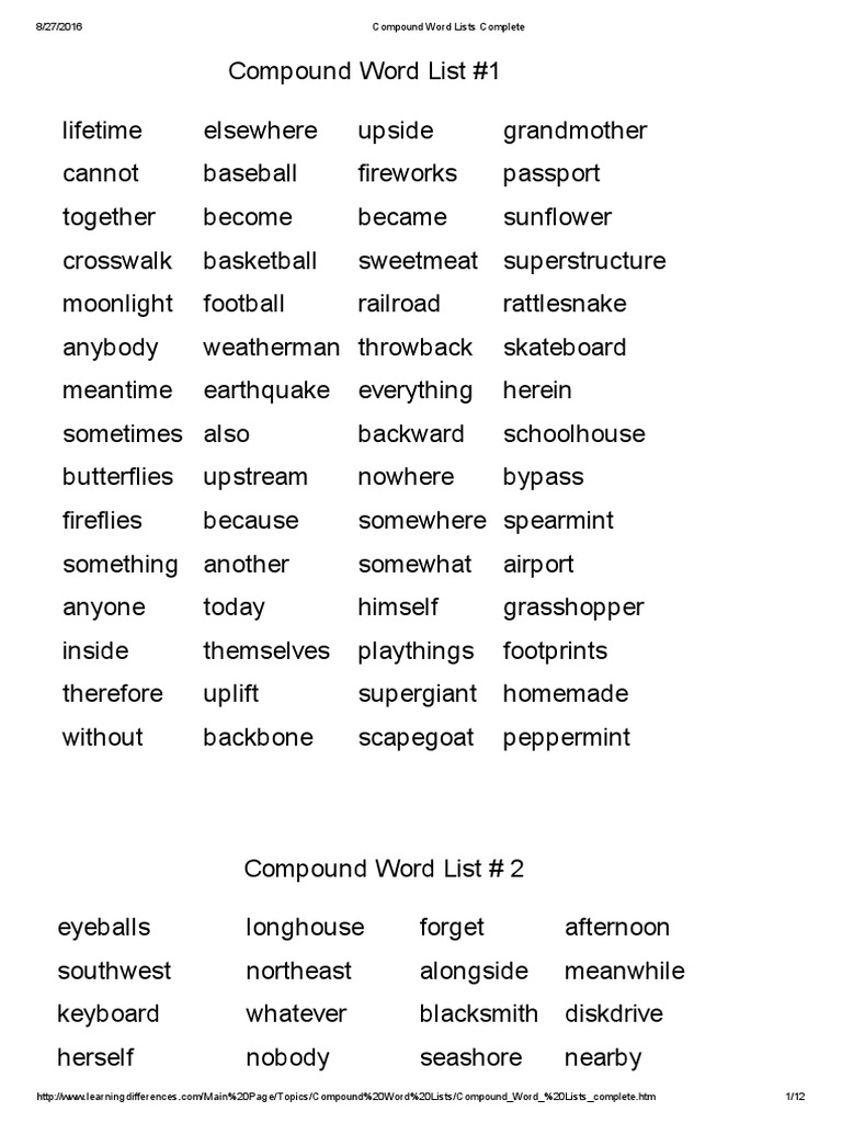 Compound Word Lists Complete | PDF