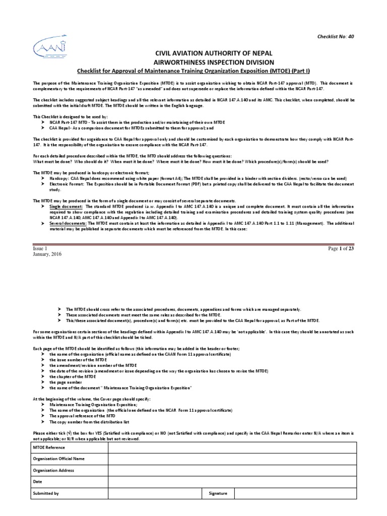 Checklist For Approval of Maintenance Training Organization Exposition ...