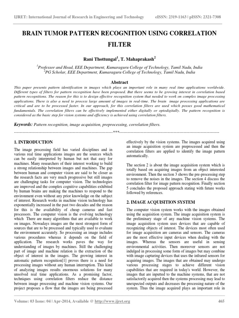 Brain Tumor Pattern Recognition Using Correlation Filter | PDF | Computer Vision | Filter ...