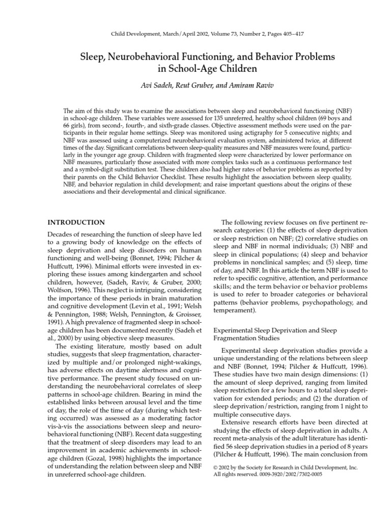 Sleep, Neurobehavioral Functioning, and Behavior Problems in School-Age Children | PDF | Sleep ...