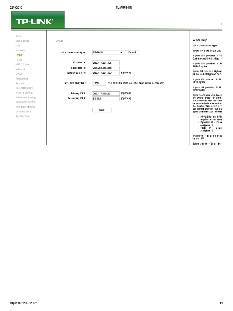 Static IP Detect: Model No. TL WR841N / TL WR841ND | PDF