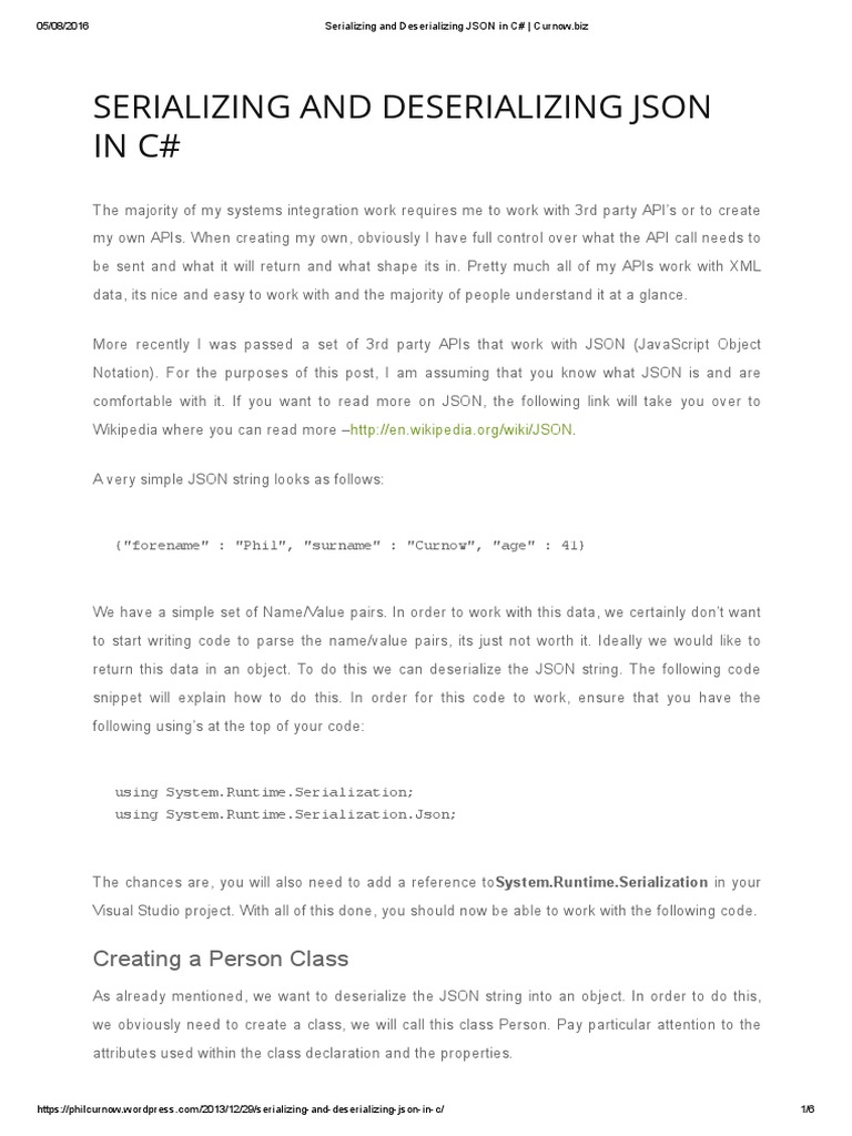 Serializing And Deserializing Json In C Curnow Pdf Json C Sharp Programming Language 