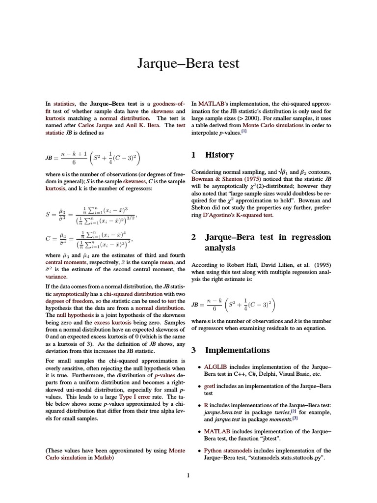Jarque-Bera Test: 1 History | PDF