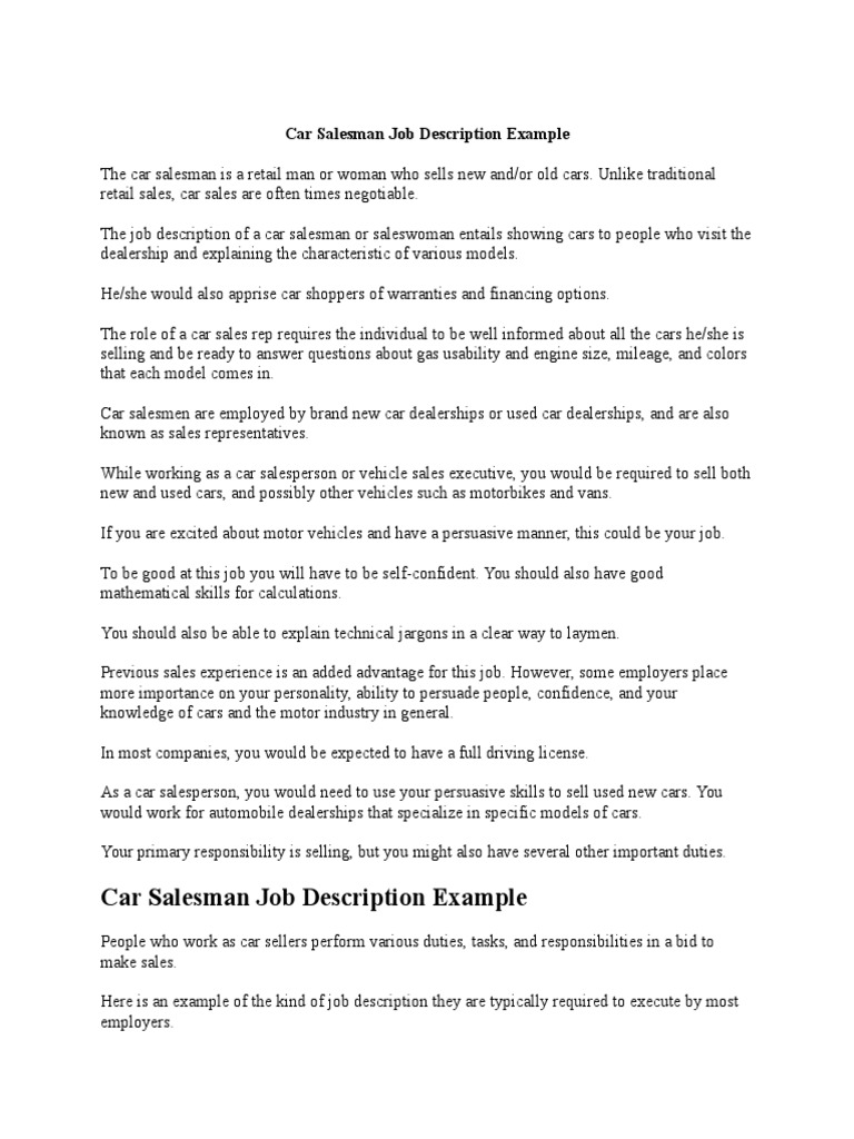 Car Salesman Job Description Example | PDF | Sales | Car Dealership