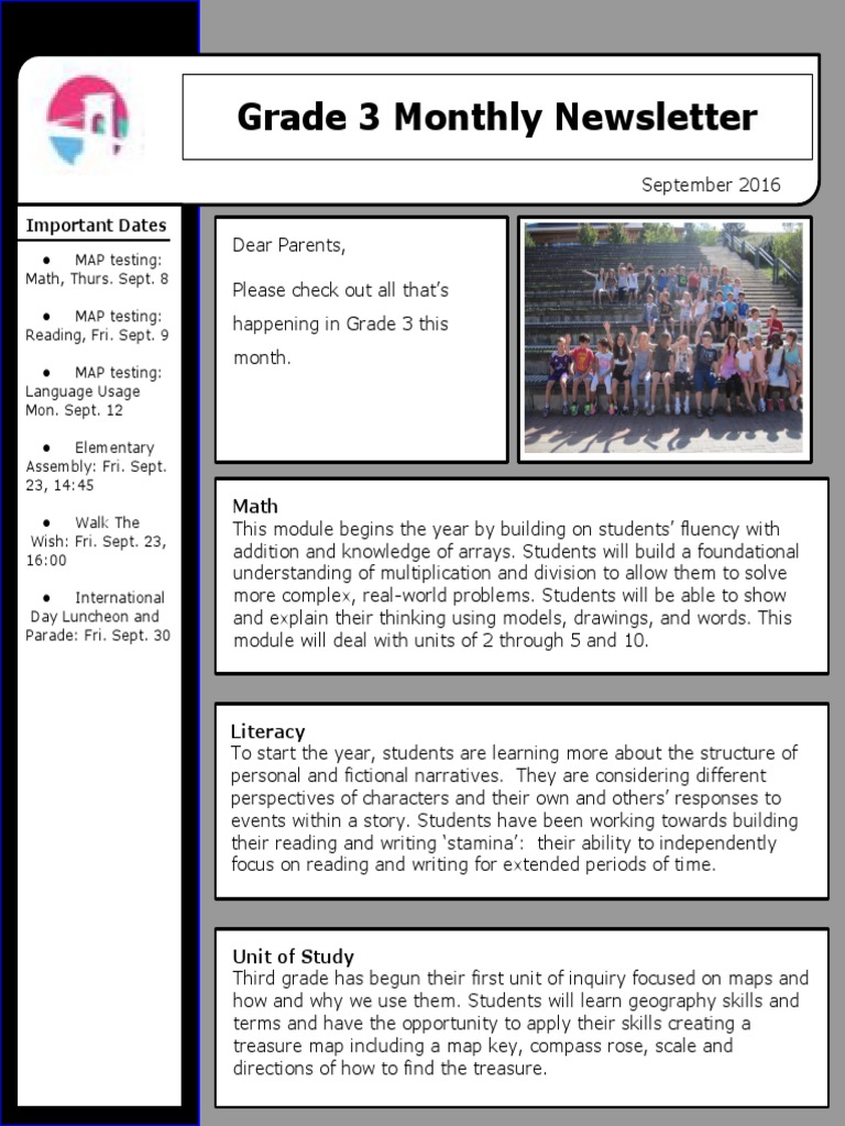Grade 3 Monthly Newsletter: Important Dates | PDF | Literacy | Narrative