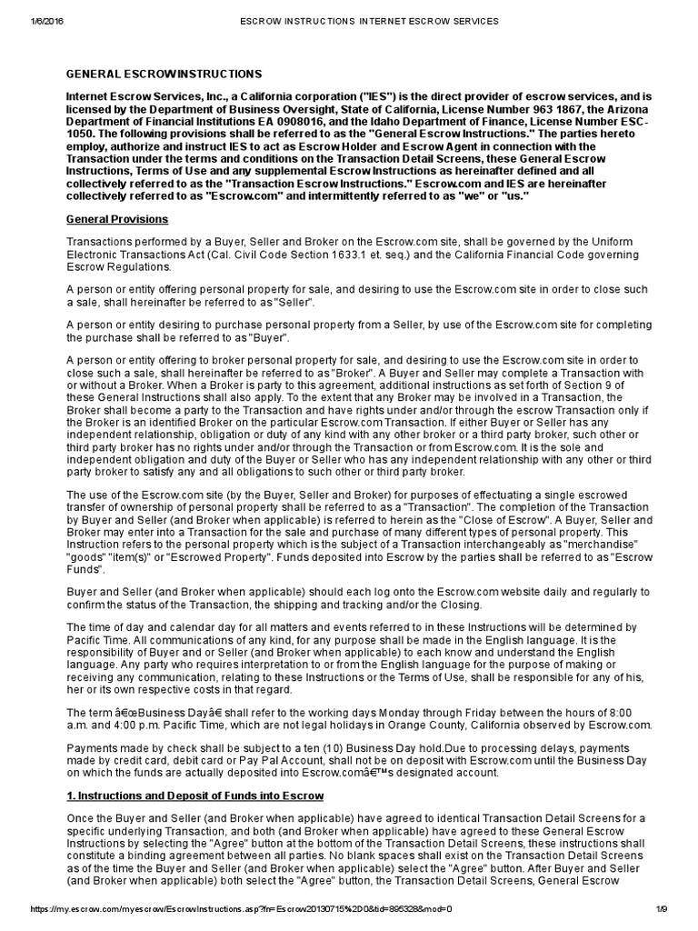 ESCROW INSTRUCTIONS INTERNET ESCROW SERVICES.pdf | Arbitration ...