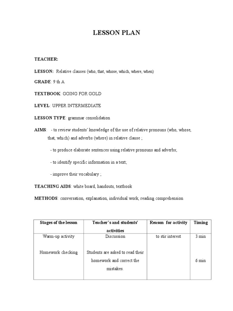 Relative Clauses Lesson Plan for 9th Grade | PDF | Lesson Plan | Teachers