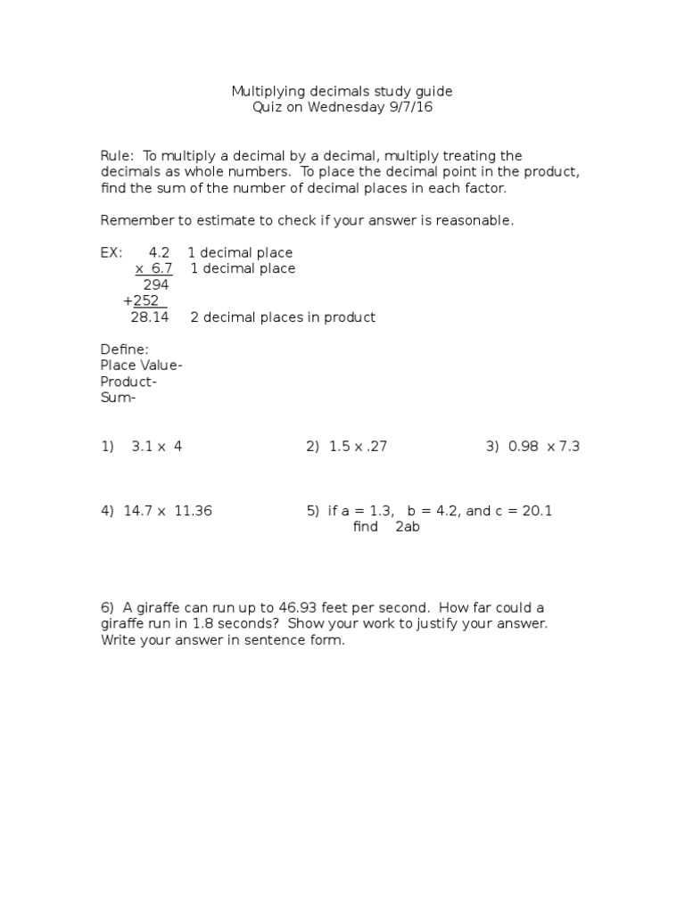 Multiplying Decimals Study Guide | PDF